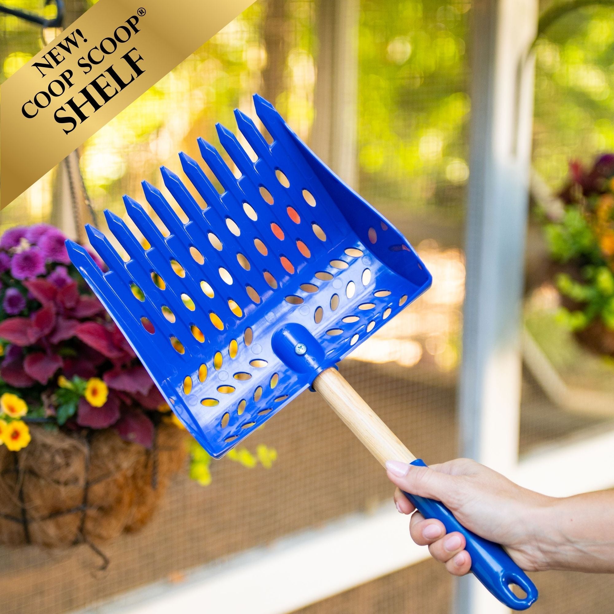 The Coop Scoop® Shelf | 2-in-1 Chicken Poop Scoop & Rake | 10" Handle